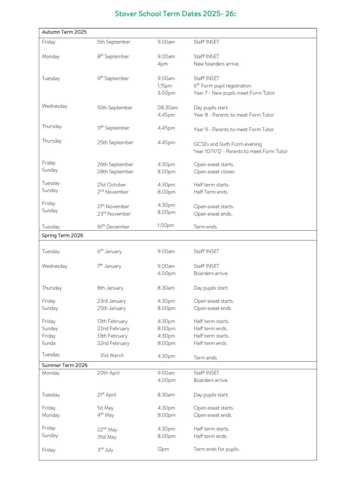 Term Dates - Stover School